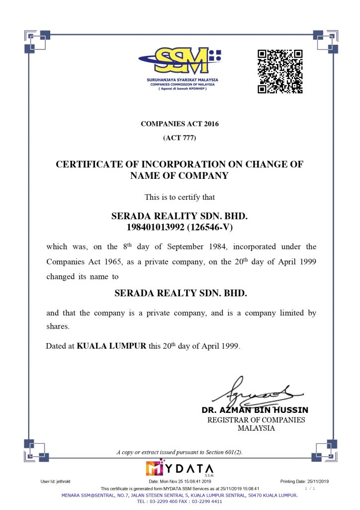 Certificates – Serada Realty Sdn Bhd