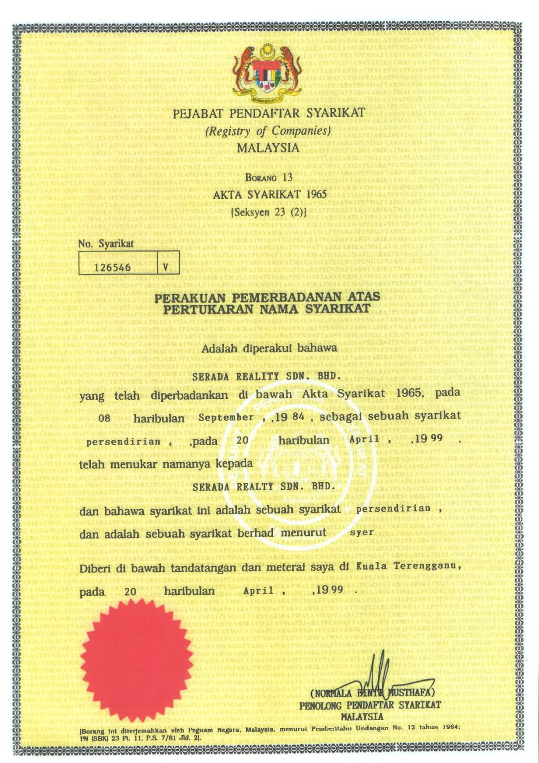 Certificates – Serada Realty Sdn Bhd